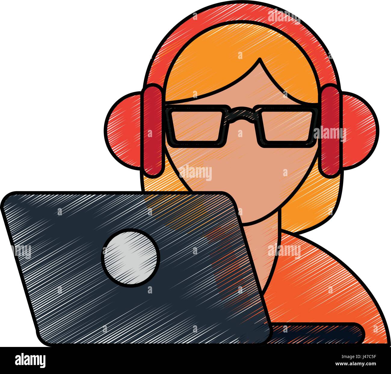 color pencil cartoon half body woman customer service with laptop and ...