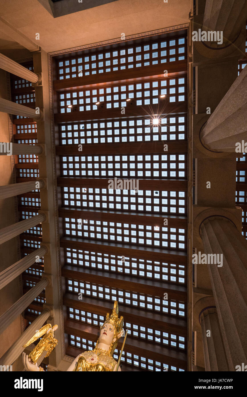 Glass ceiling lights the statue of Athena Parthenos in the Parthenon ...