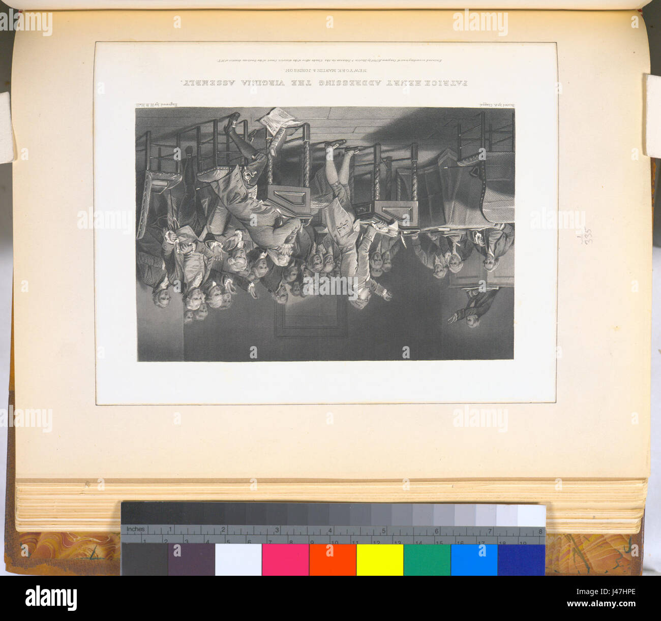 The image shows Patrick Henry addressing the Virginia Assembly, a ...