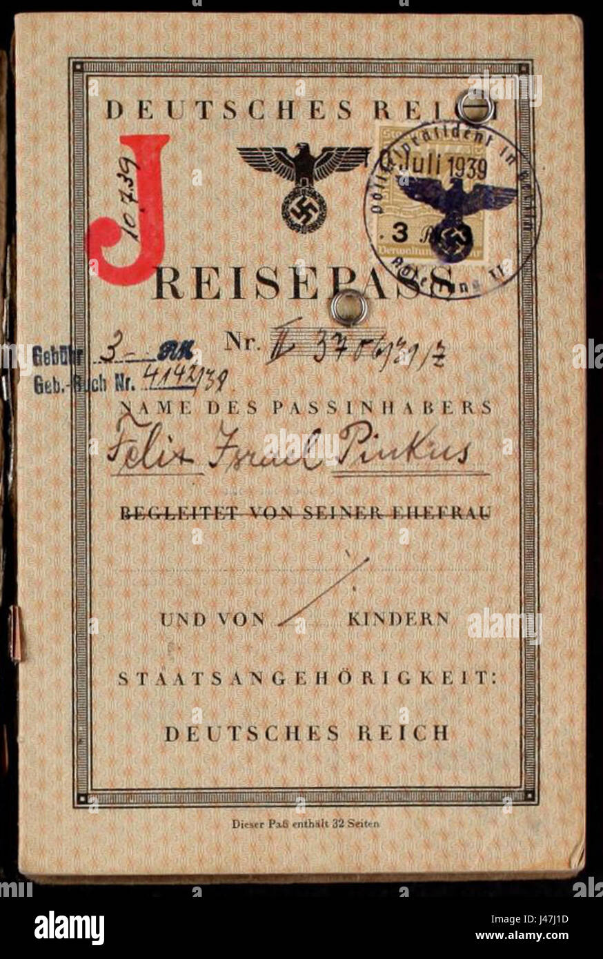 A historical reference to a passport or document with a Jewish stamp ...