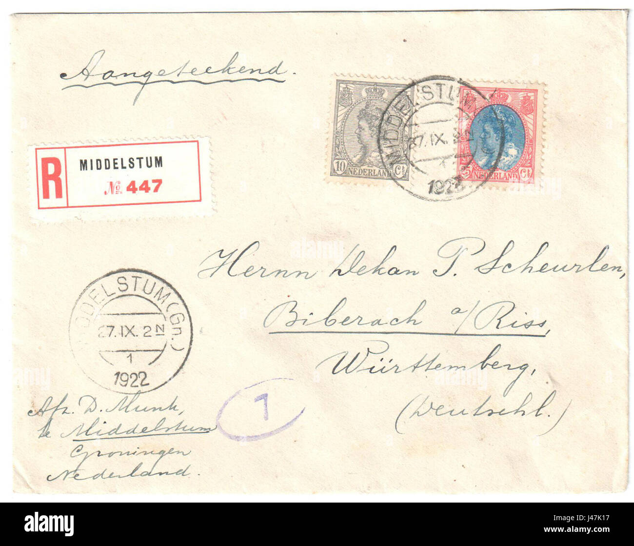This is a postal cover from the Netherlands dated September 27, 1922 ...