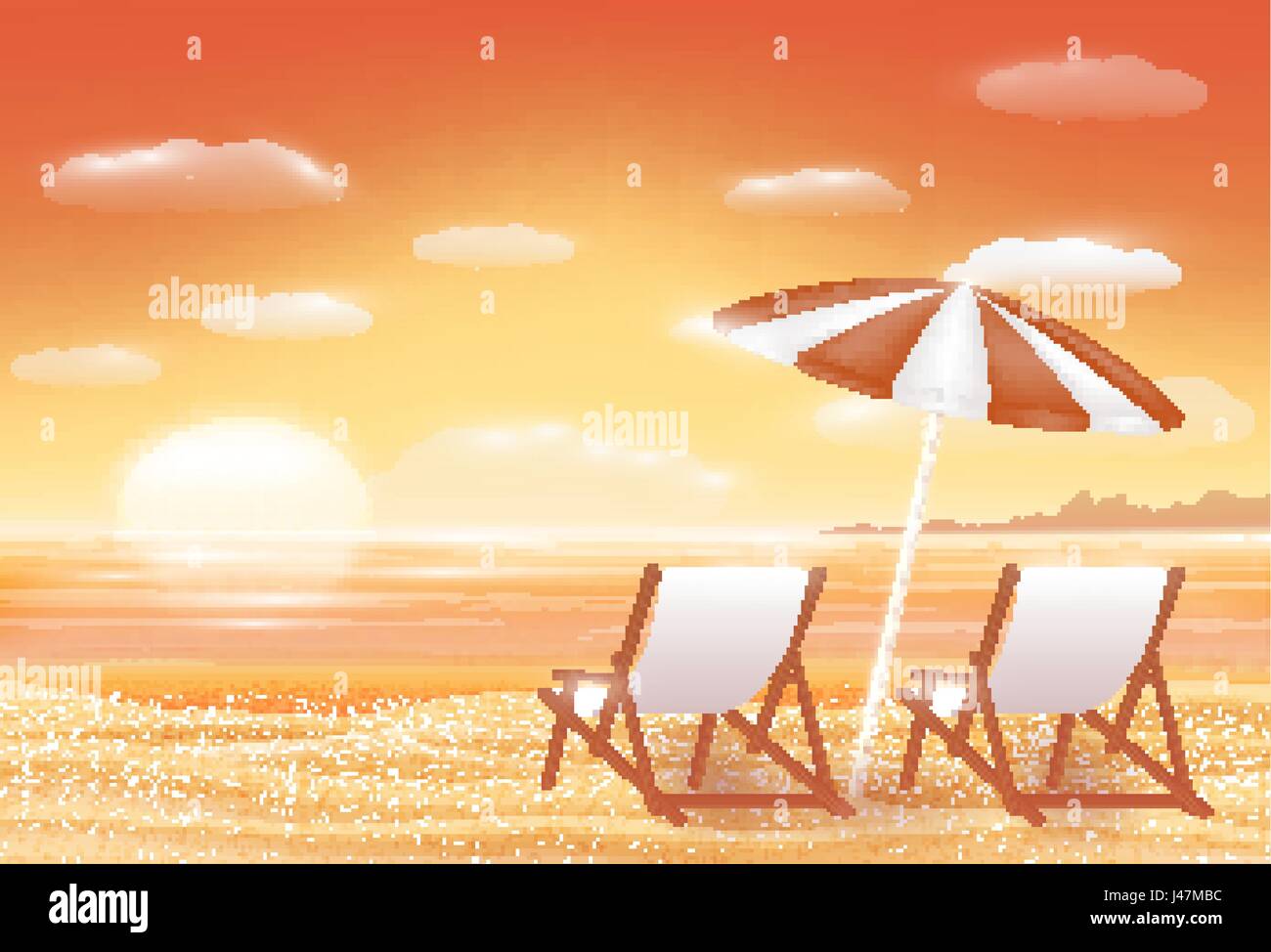 beautiful sunset sea sand beach scene with beach chair Stock Vector ...