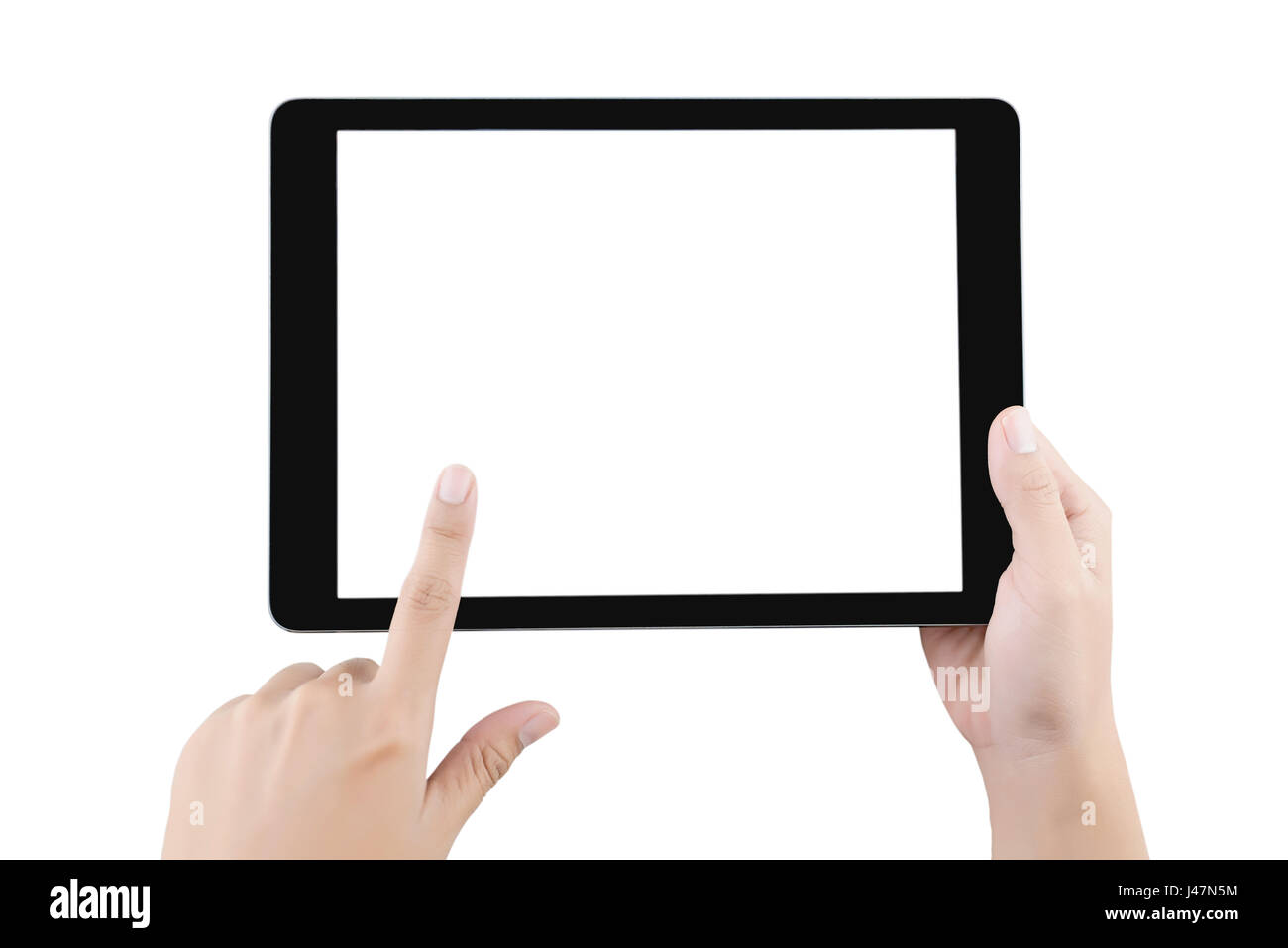 Hand holding tablet blank screen. Woman hand using tablet isolated on ...
