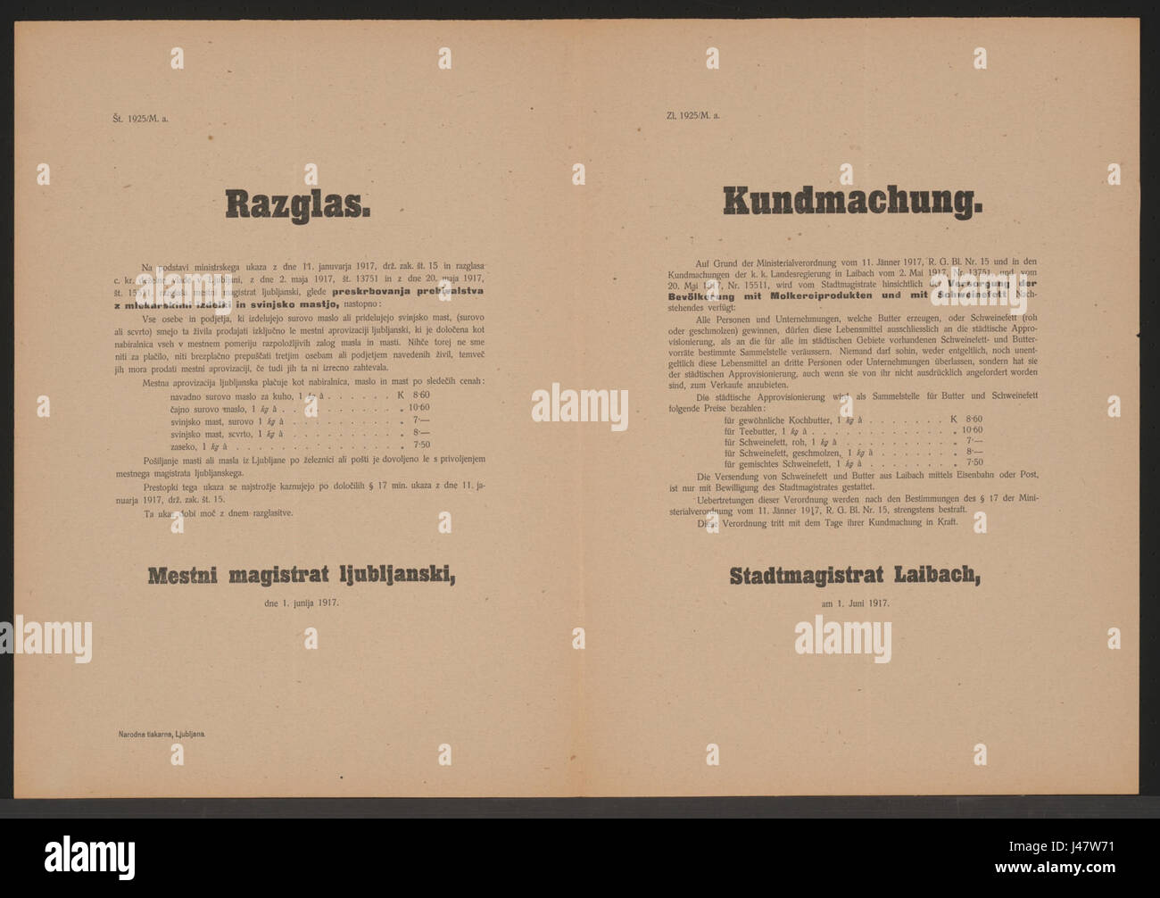 A 1917 multilingual poster issued by the City Magistrate of Laibach ...
