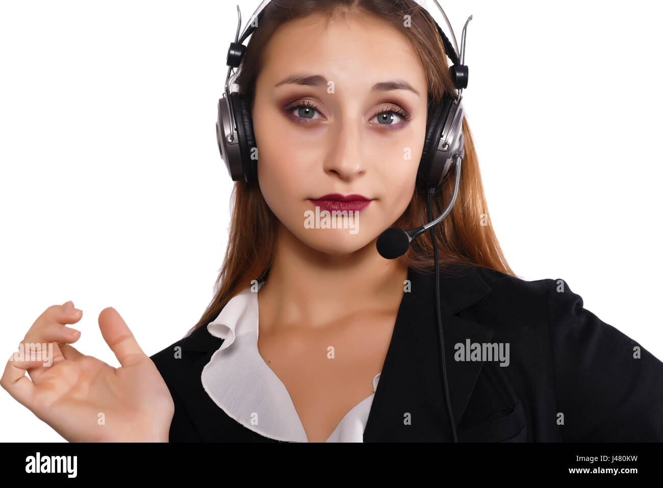 Portrait of beautiful telemarketer woman. Isolated white background ...