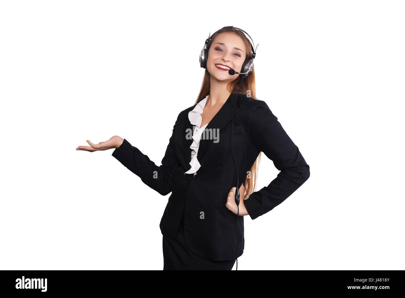 Portrait of beautiful telemarketer woman. Isolated white background ...