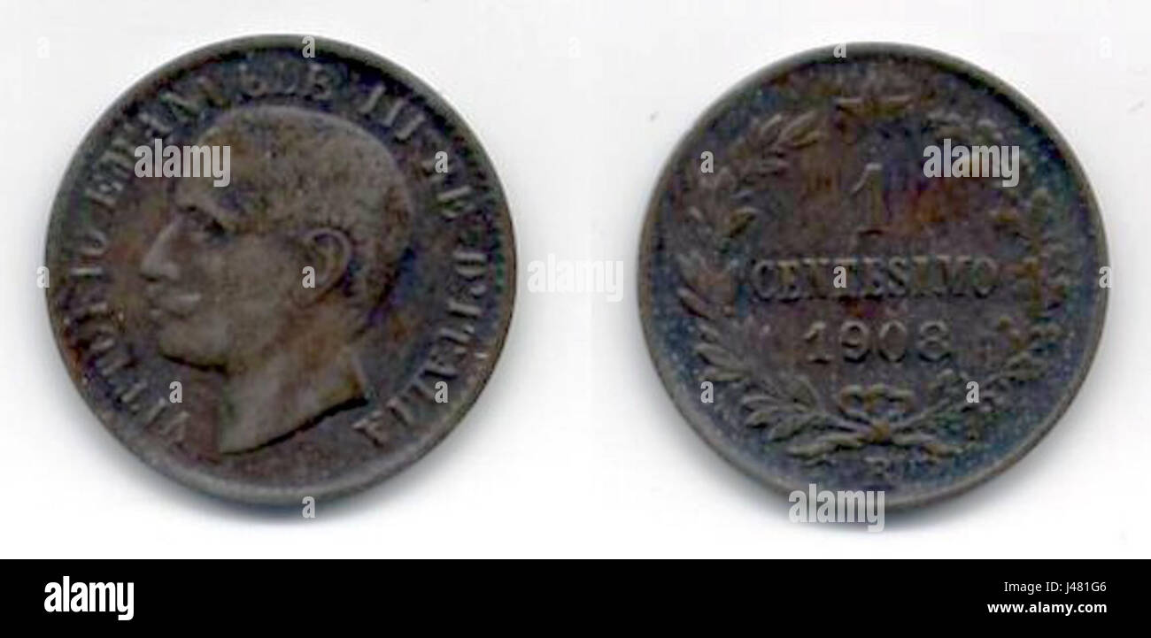The Moneta 1 centesimo coin from the Kingdom of Italy, minted in 1908 ...
