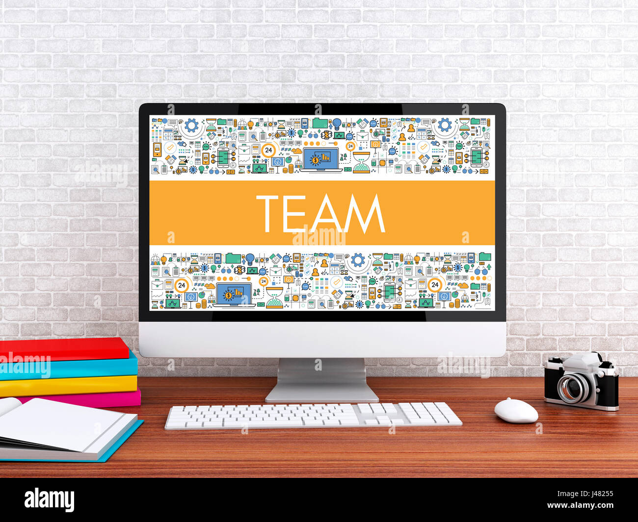 3D illustration. Modern workspace and computer with word TEAM ...