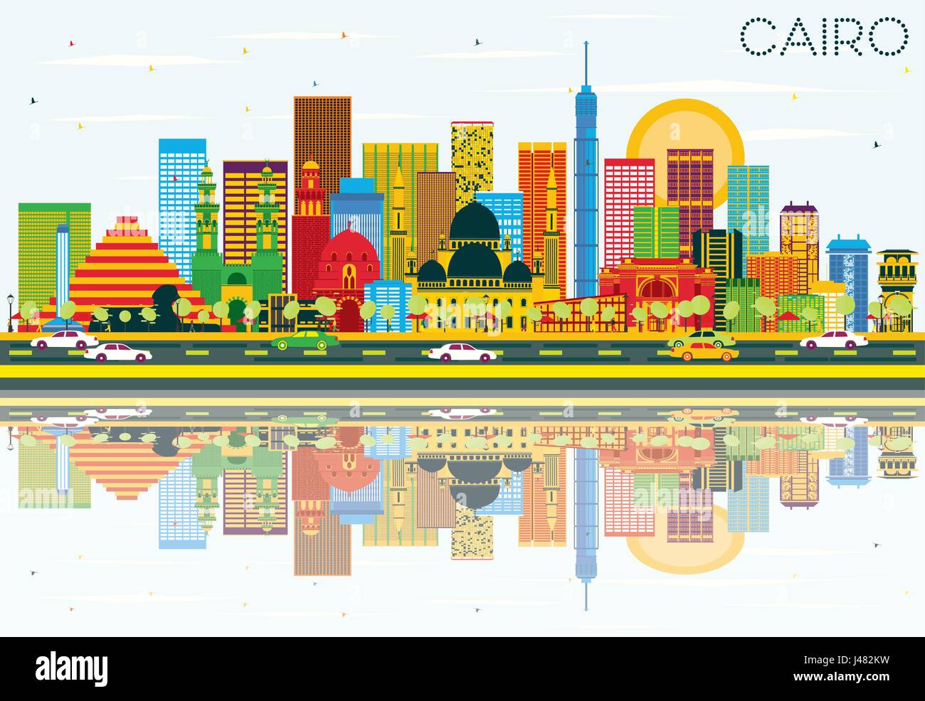 Cairo Skyline with Color Buildings, Blue Sky and Reflections. Vector ...