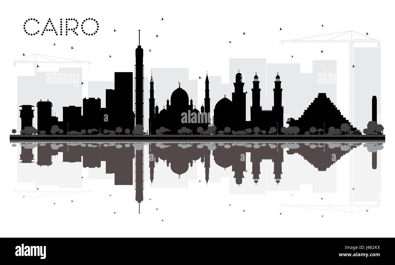 Cairo City skyline black and white silhouette with reflections. Vector ...