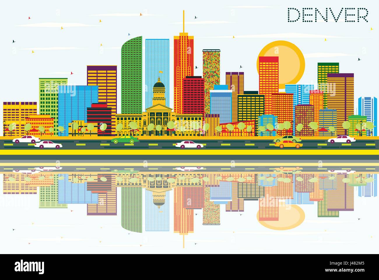 Denver Skyline with Color Buildings, Blue Sky and Reflections. Vector ...