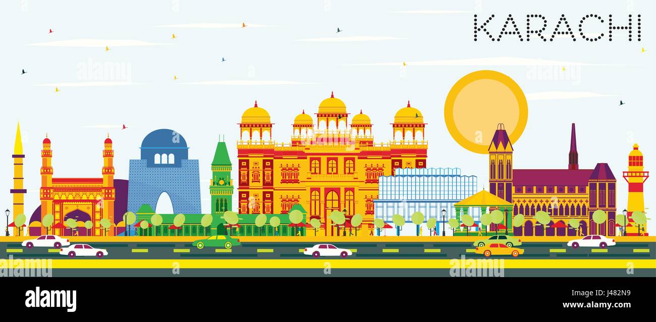 Karachi Skyline with Color Landmarks and Blue Sky. Vector Illustration ...