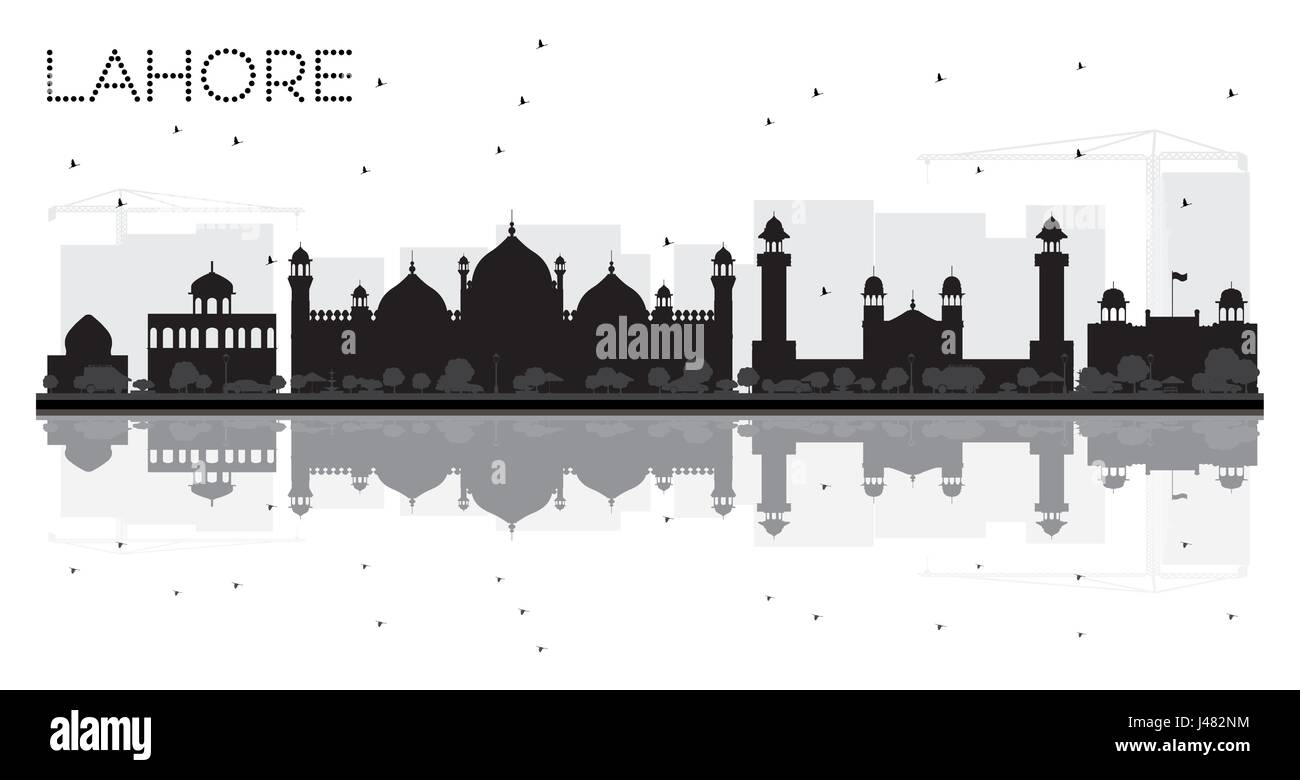 Lahore City skyline black and white silhouette with reflections. Vector ...