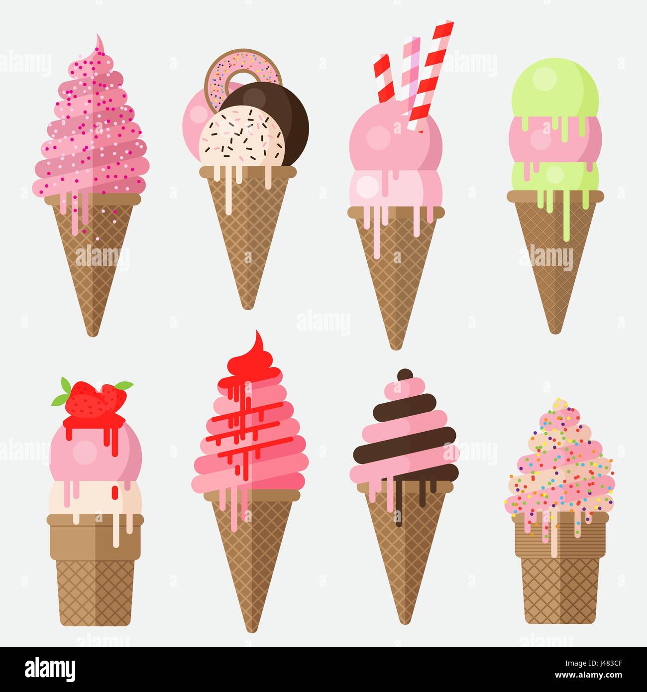 Strawberry Ice Cream Cone Collection Vector Flat Illustration About