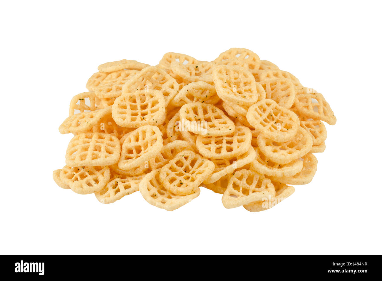 front view of potato chips on top of each other isolated on white ...