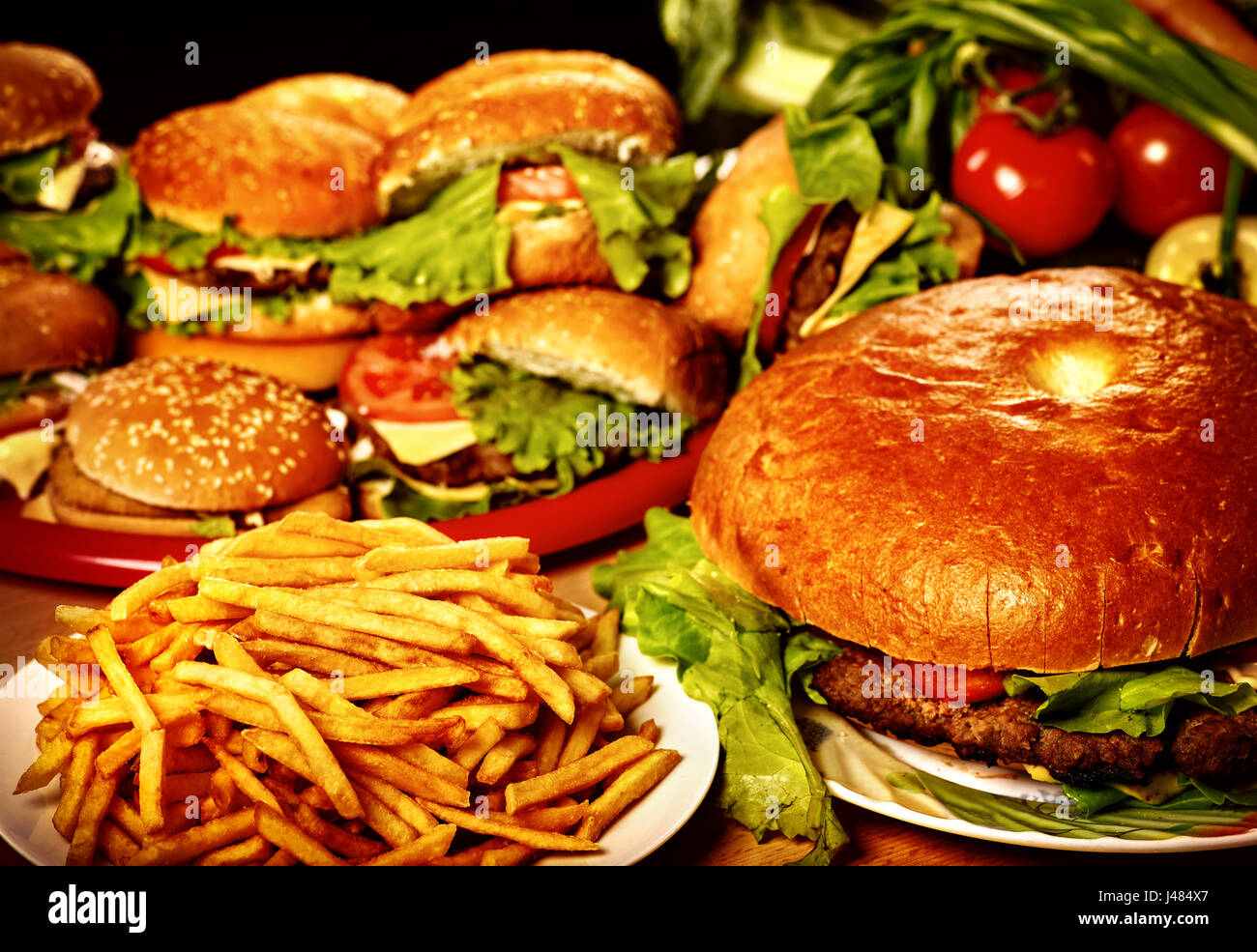 Fast food hamburger and french fries for large group friends Stock ...