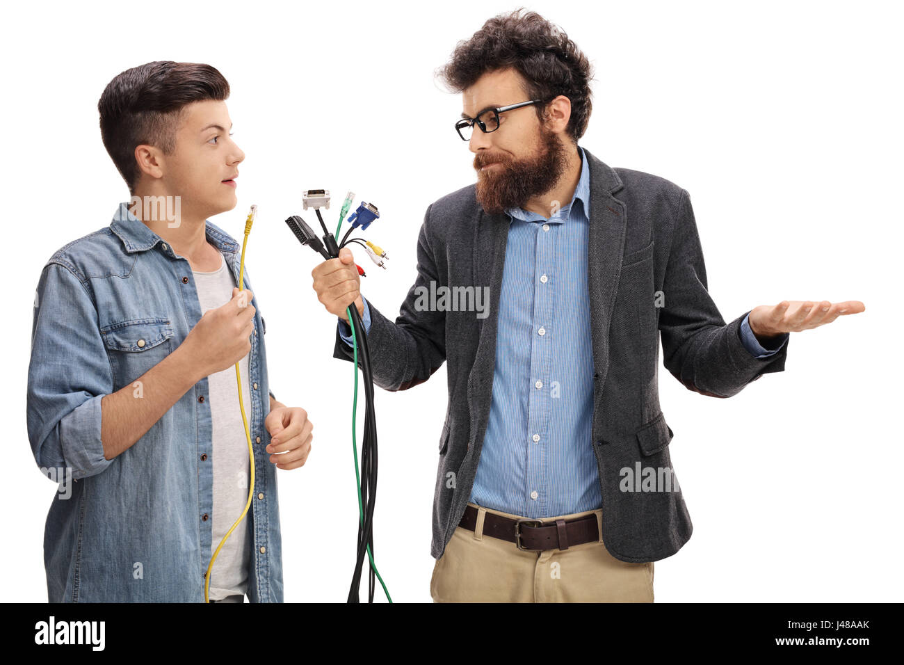 Son helping his confused father with electronic connectors isolated on ...