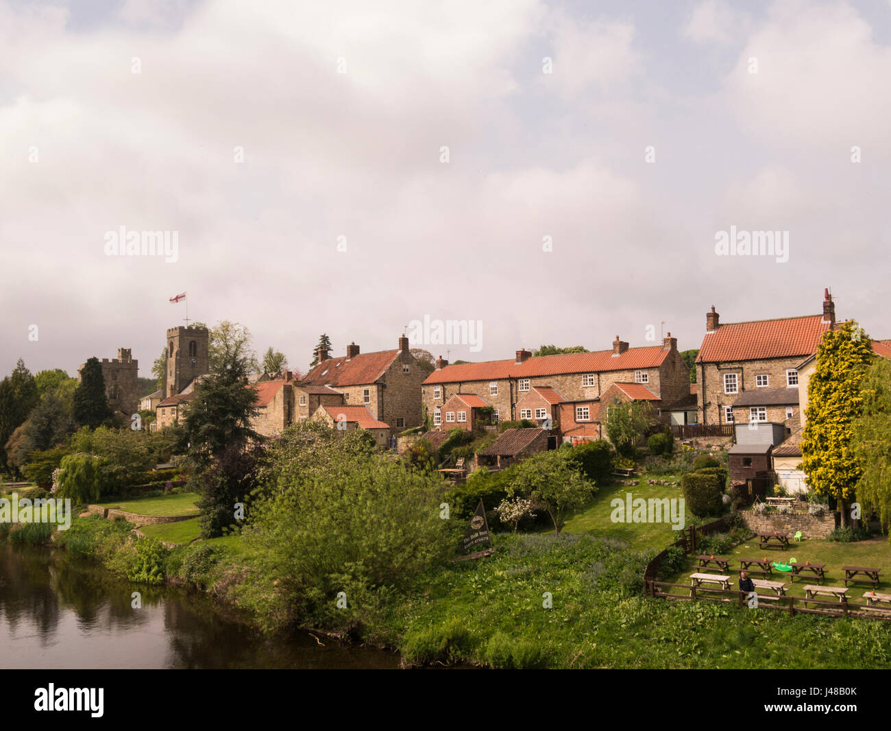 View West Tanfield village St Nicholas Church Marmion Tower along River ...