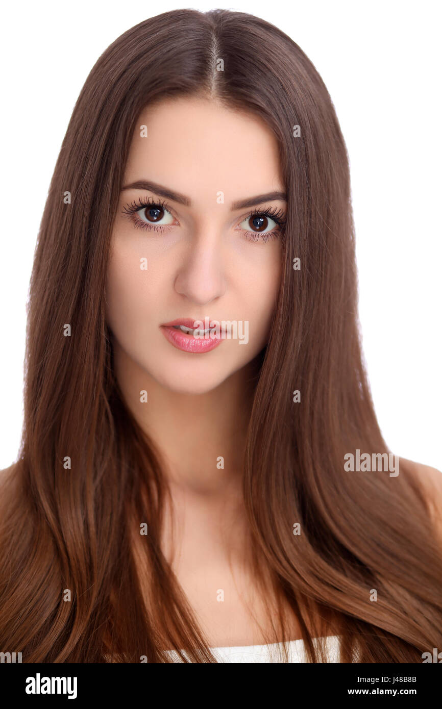 Young Beautiful Brunette Woman Face Portrait With Healthy Skin Stock