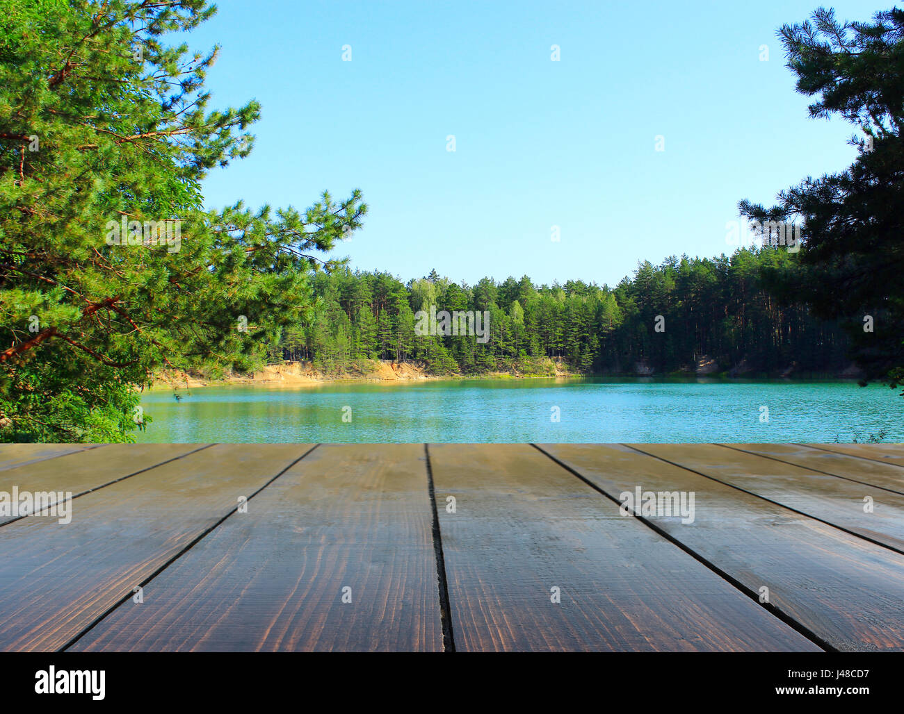 wooden boards with beautiful landscape of forest and lake Stock Photo ...