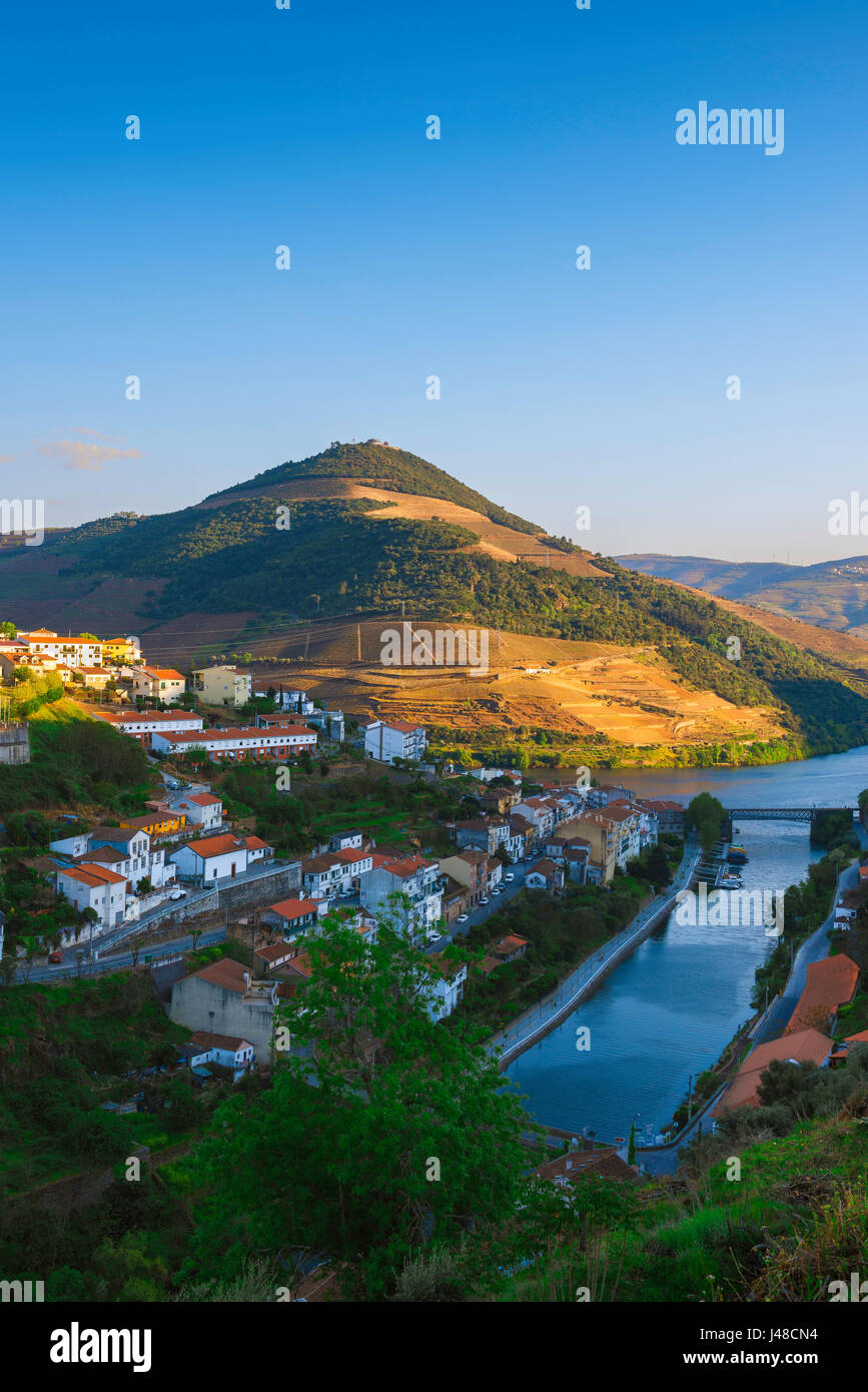 Portugal Douro Valley, aerial sunset view of Pinhao, the key port wine ...