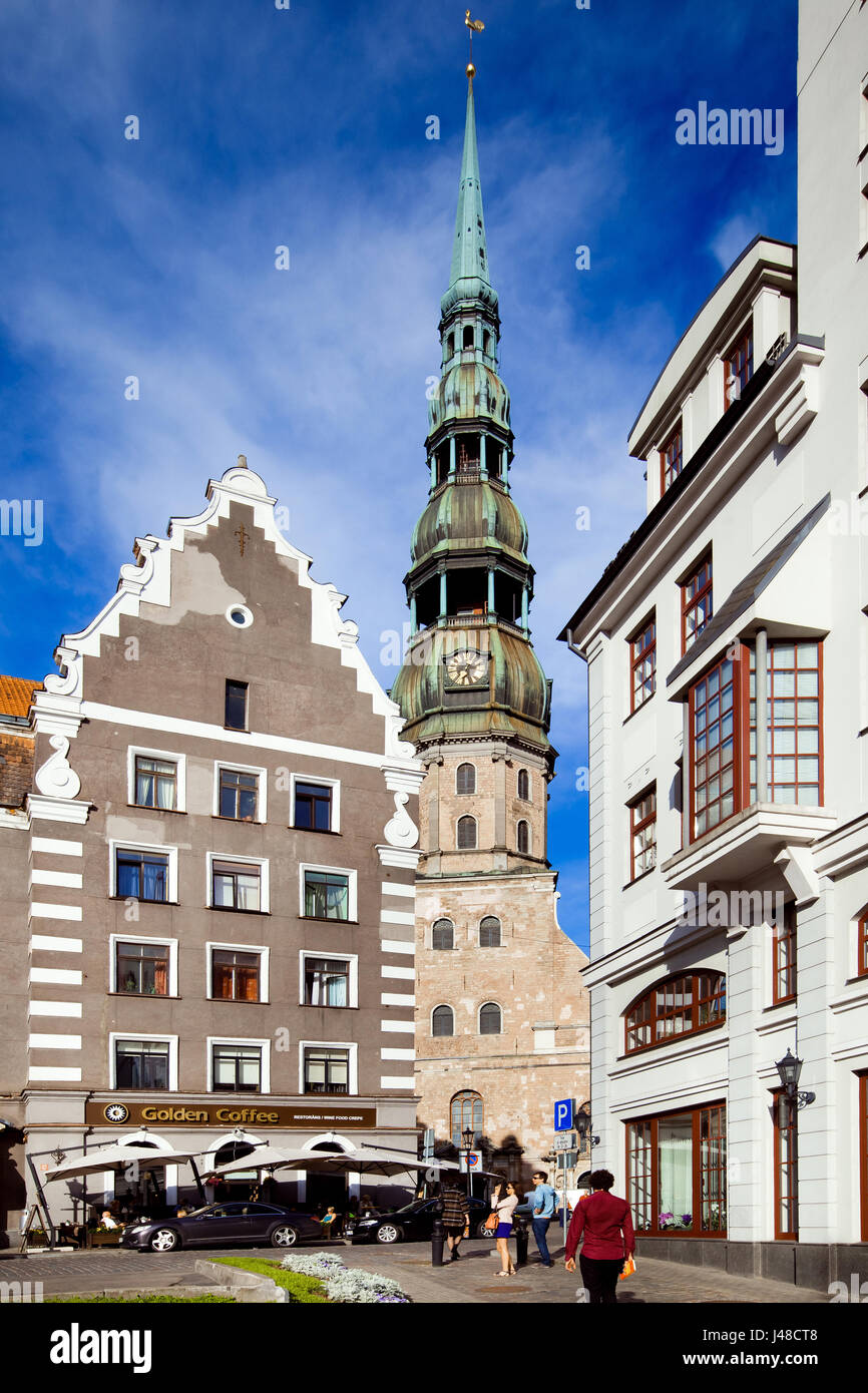 St. Peter's Church city view. Main square of old town Riga. St. Peter's ...