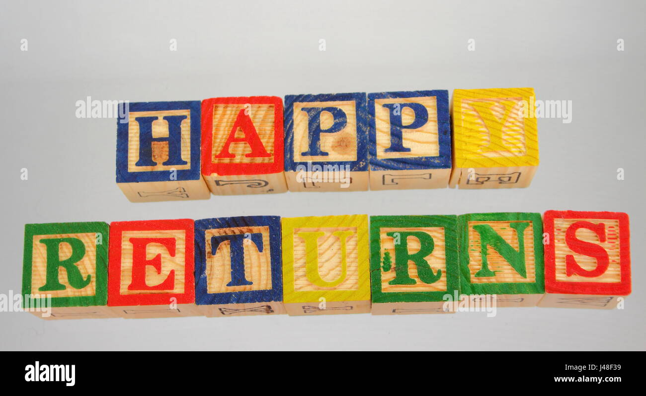 The phrase happy returns displayed visually on a white background using ...