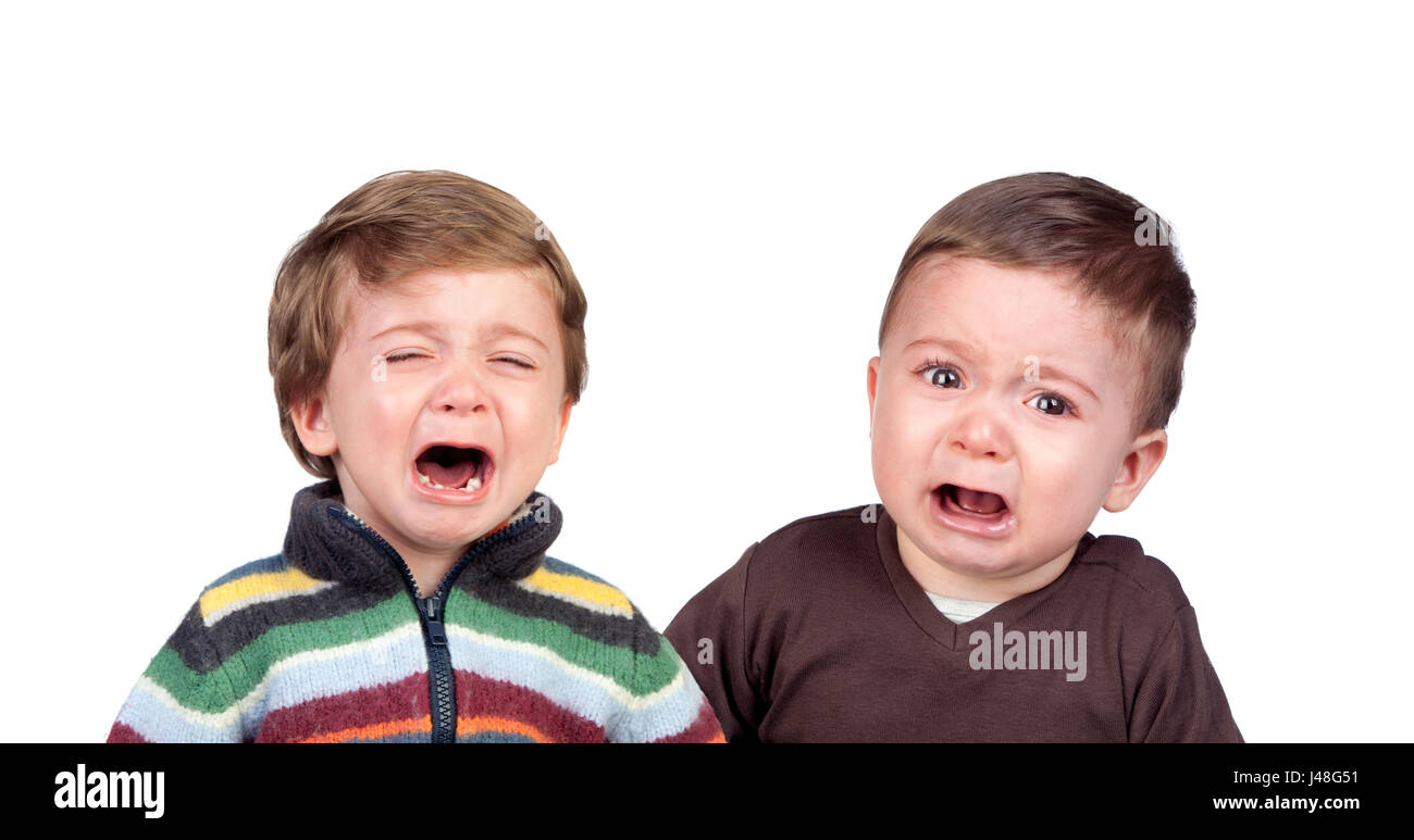 Little brothers crying isolated on a white background Stock Photo - Alamy