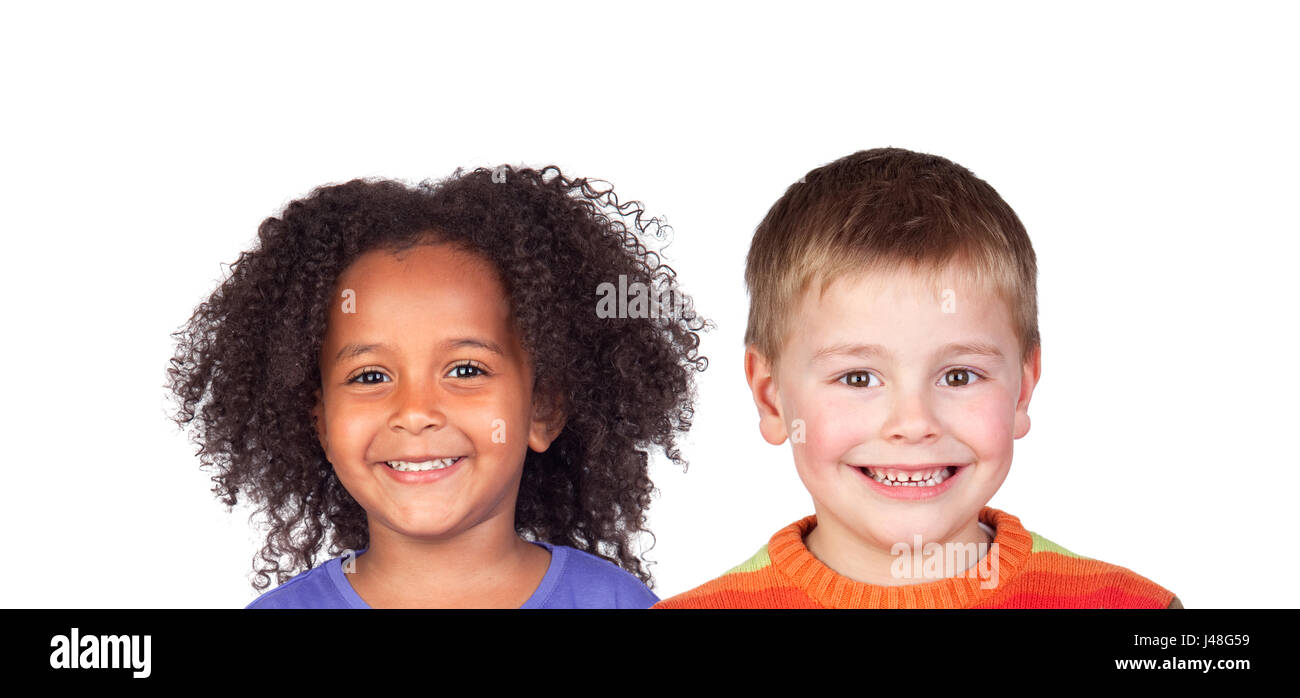 Two adorable children looking at camera isolated on a white background ...