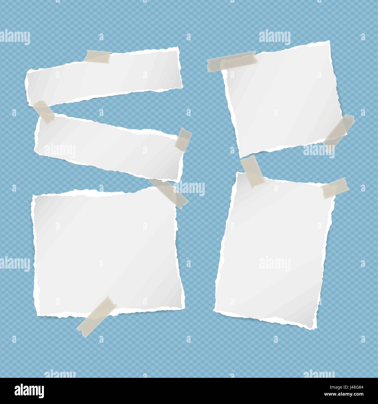 Pieces of ripped white note, notebook, copybook paper strips stuck with ...