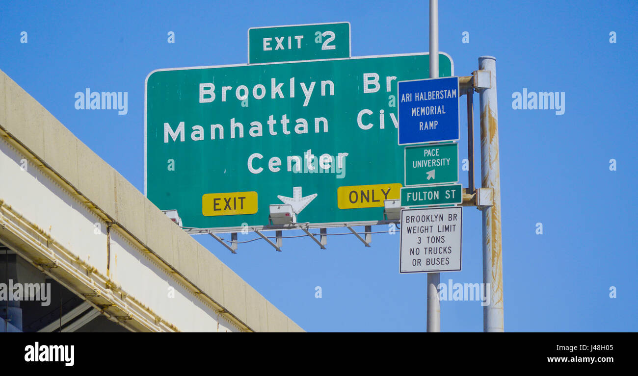 Street direction signs in New York leading to Brooklyn Bridge ...