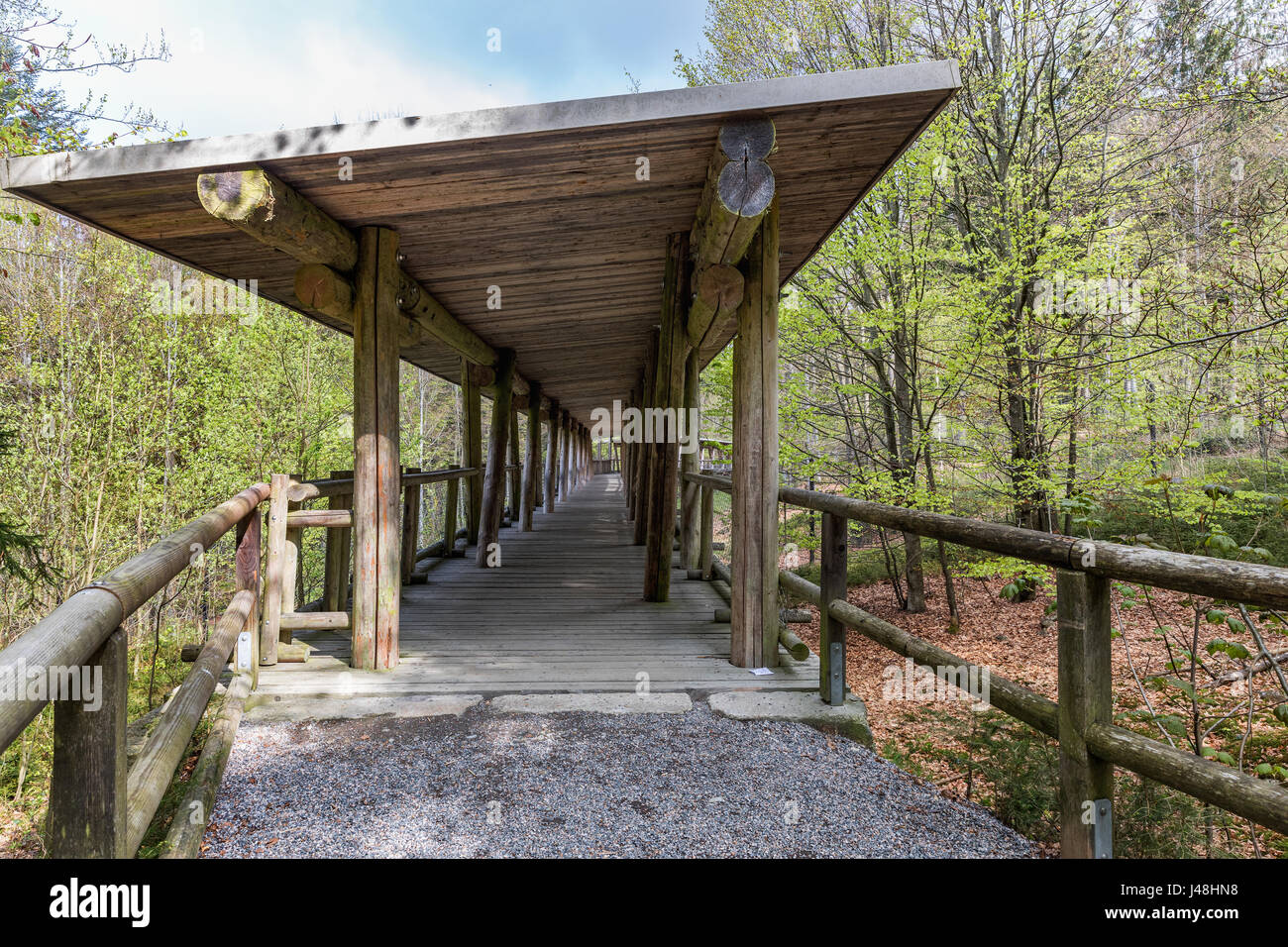 Viewing wooden footbridge for animal watching, Bavaria, Germany ...