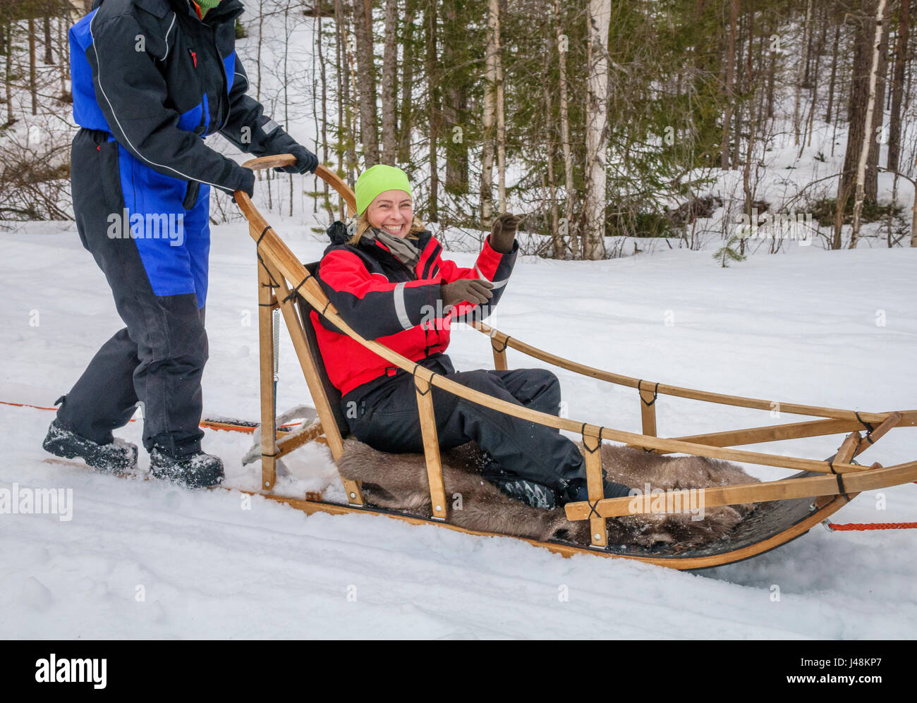 Woman in sled being pulled by dogs, Lapland, Sweden Stock Photo - Alamy