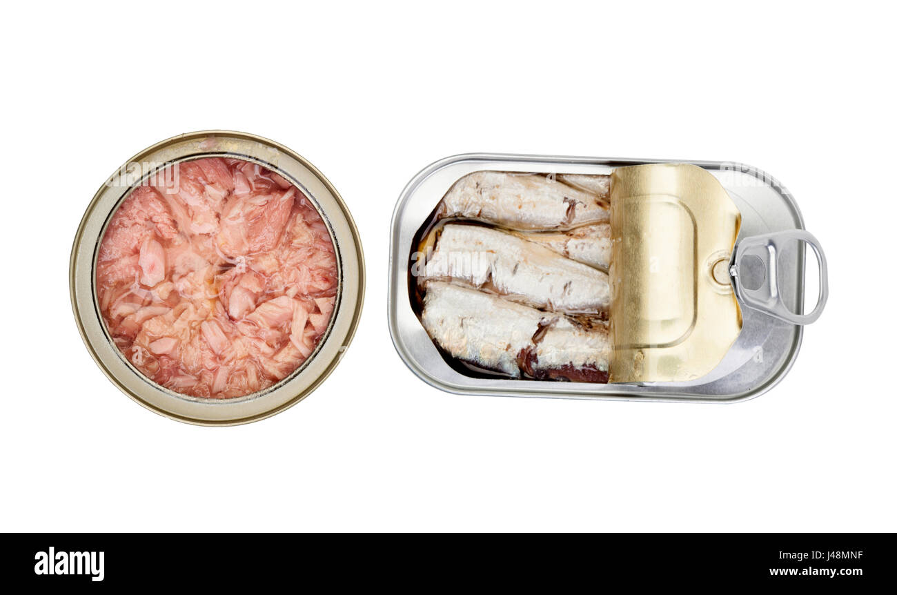 Cans of preserved fish isolated on white background Stock Photo - Alamy