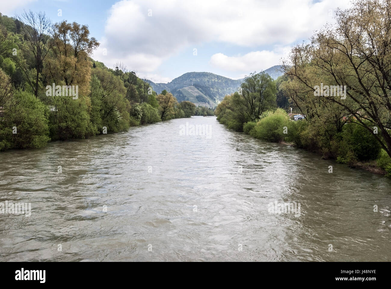 Vah river with trees around, hills on the background and blue sky with ...