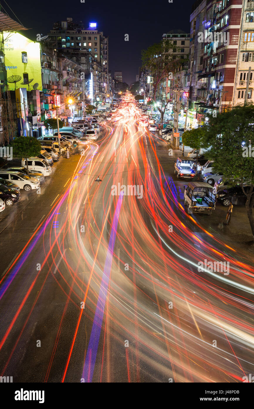 Light trails on the Anawrahta Road in Yangon (Rangoon), Myanmar (Burma ...