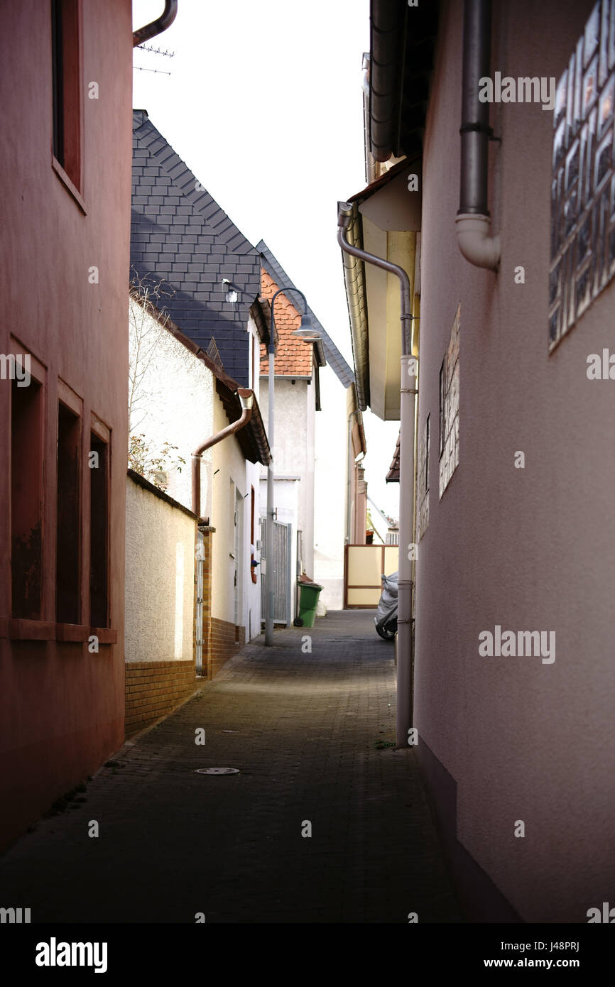 The photograph of a narrow alley between two buildings with a backyard ...