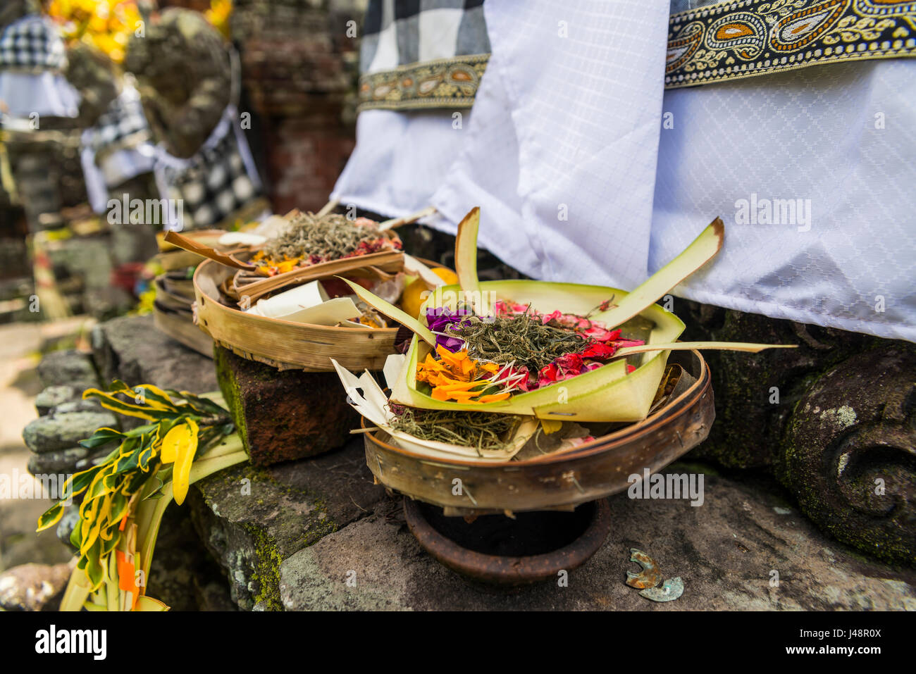 Offering at a traditional Hindu temple; Bali Island, Indonesia Stock ...