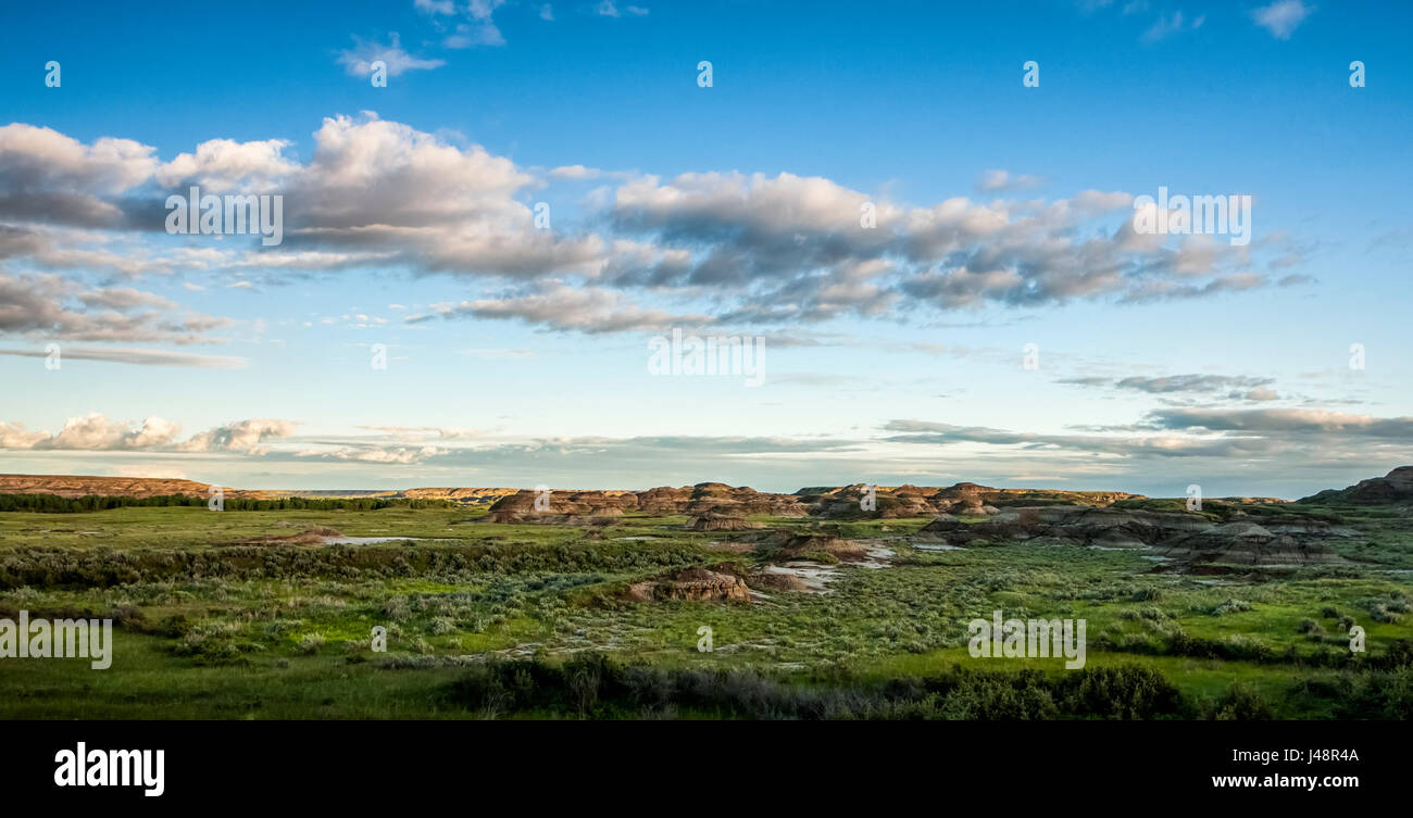 Landscape of green foliage and brown hills under a blue sky with cloud ...