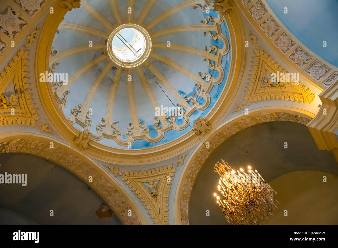 Church cupola and hanging chandelier; Jesus Maria, Cordoba, Argentina ...