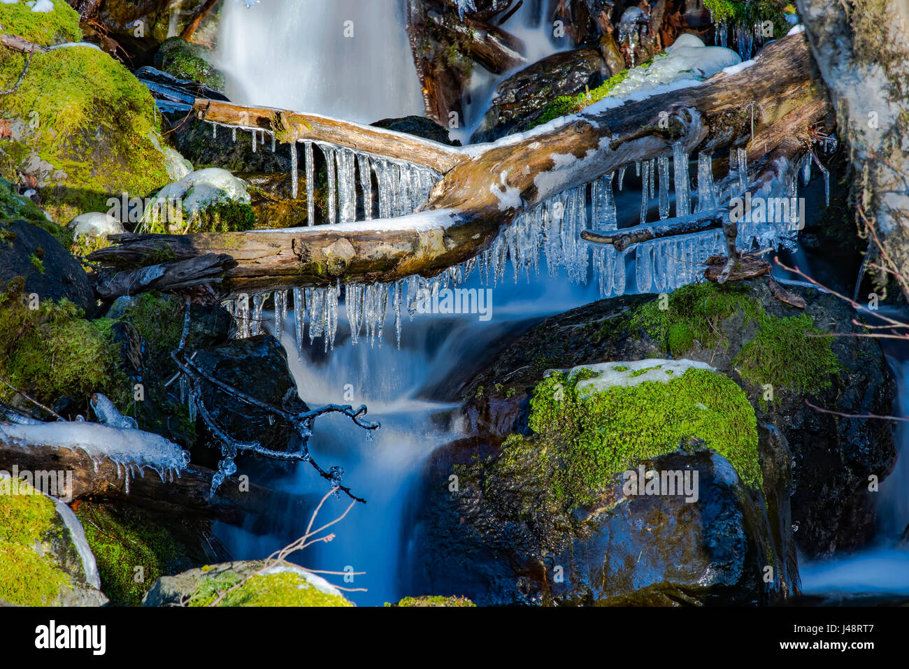 Collection of ice on a fallen log over a little waterfall in the ...