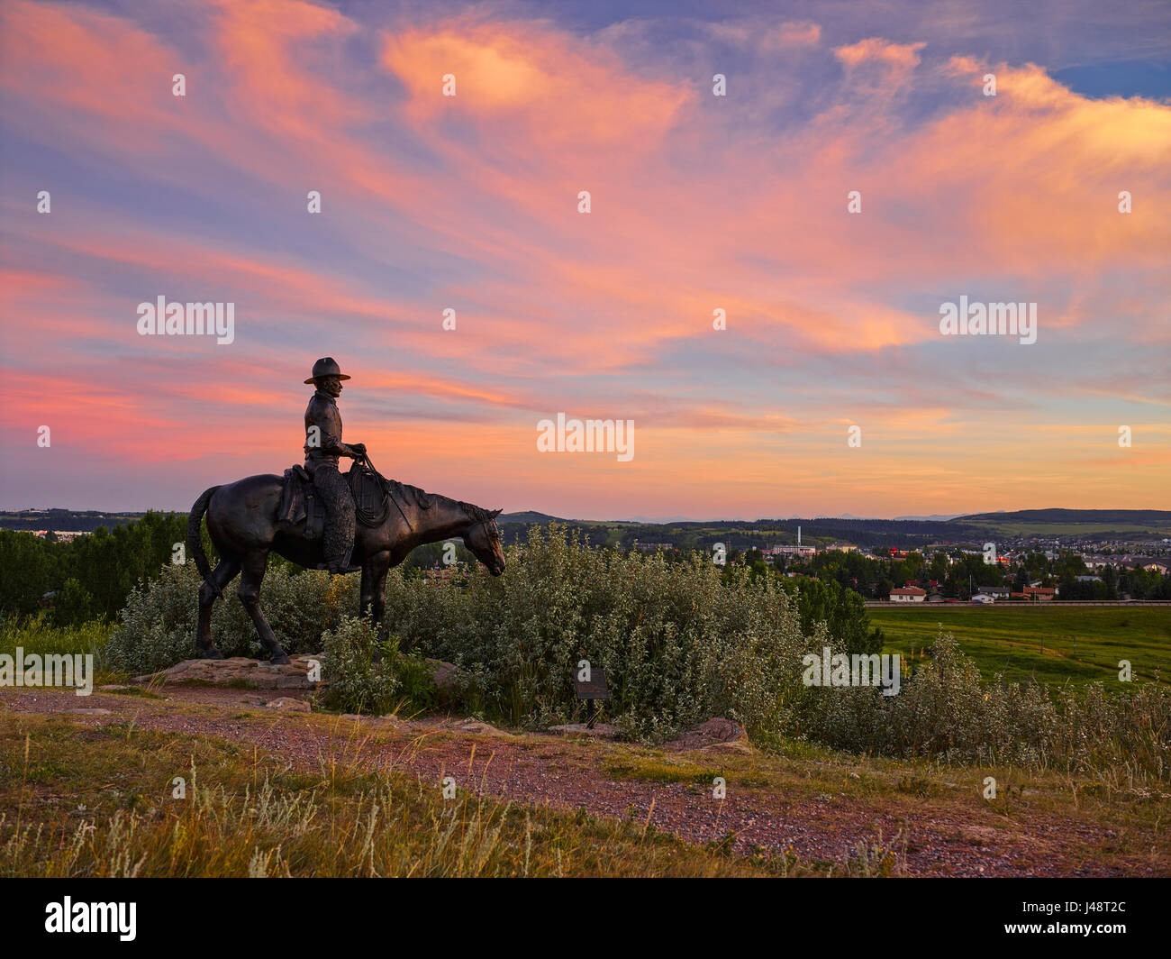 Equestrian statue in Cochrane Ranch Park; Cochrane, Alberta, Canada ...