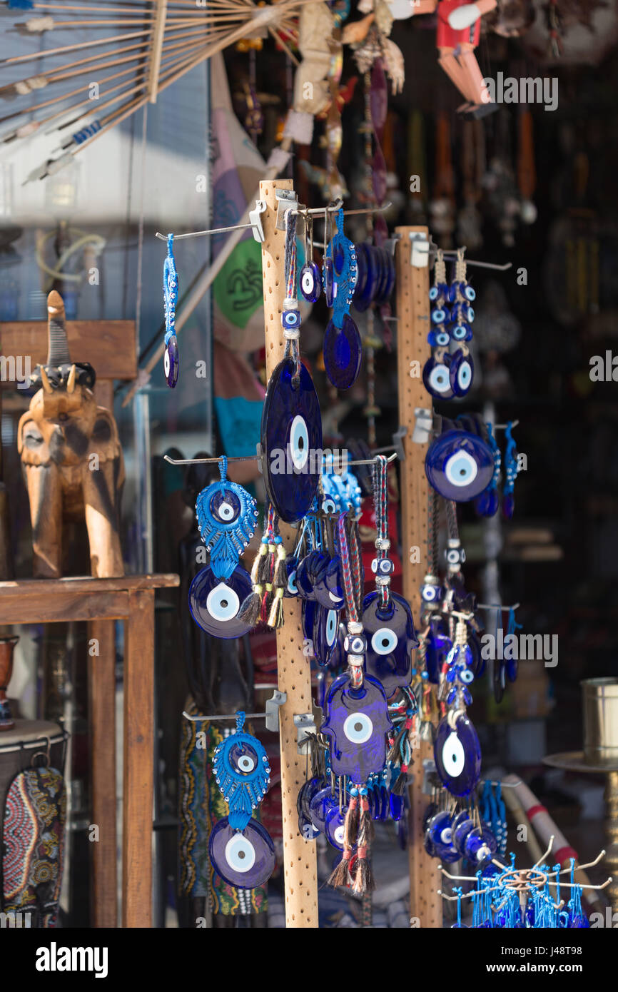 Vertical shot of evil eye amulets of various design and size Stock ...
