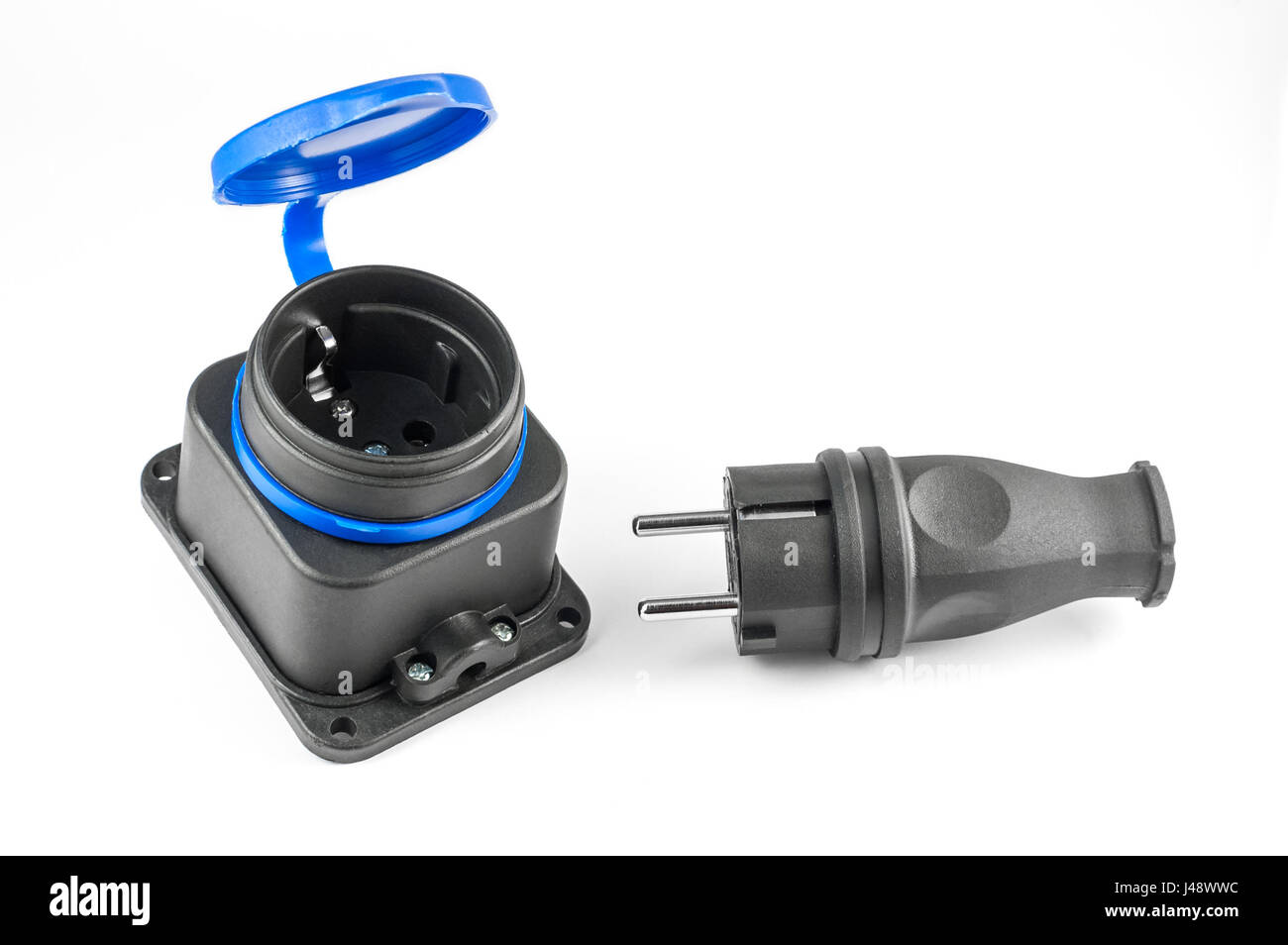 Electric rubber plug and plastic wall socket with cap isolated on white ...