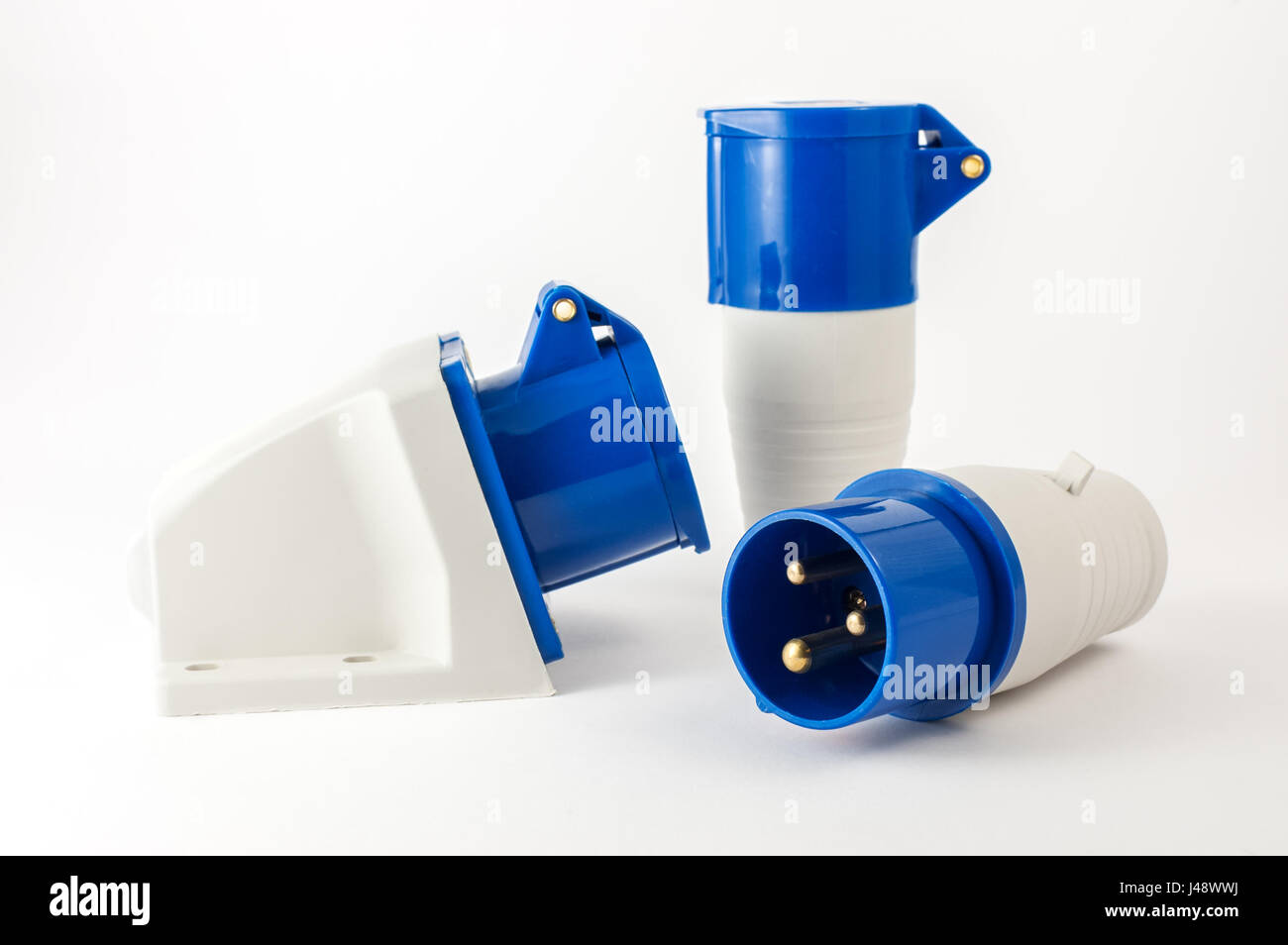 Electric plastic power plug and various sockets with cap isolated on ...