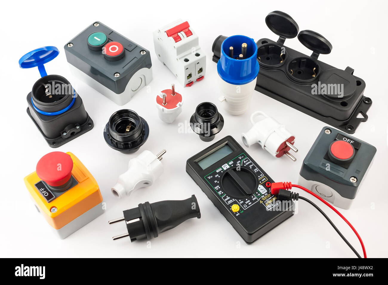 Electrical equipment and various tools on white background Stock Photo ...
