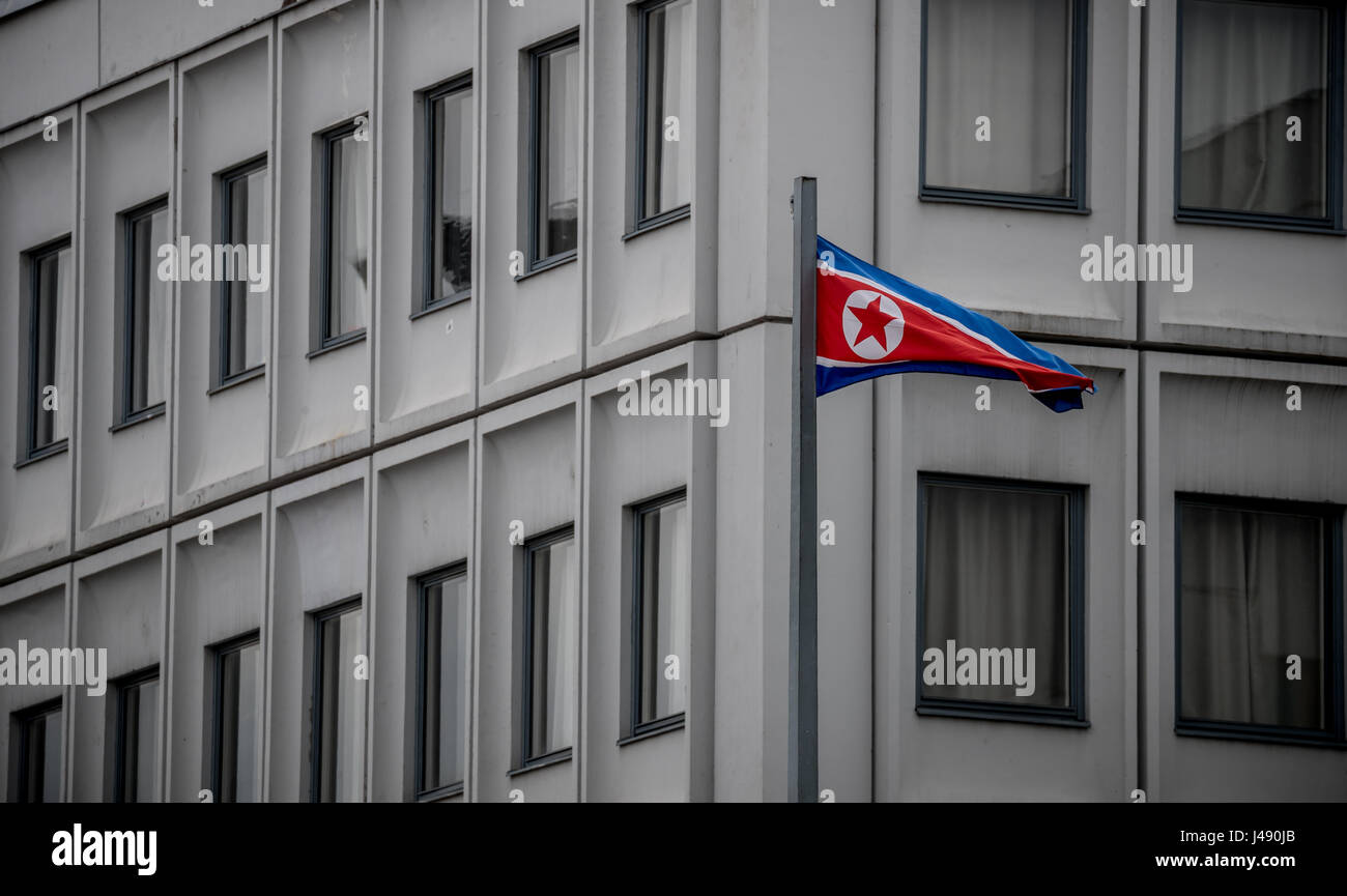 Berlin, Germany. 10th May, 2017. The North Korean flag can be seen next ...