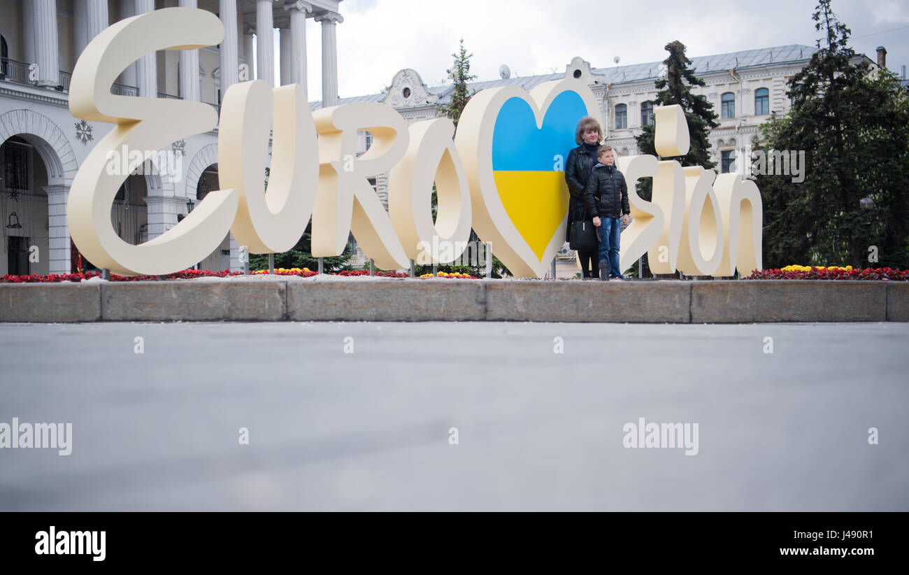 Kiev, Ukraine. 10th May, 2017. A giant 'Eurovision' lettering can be ...