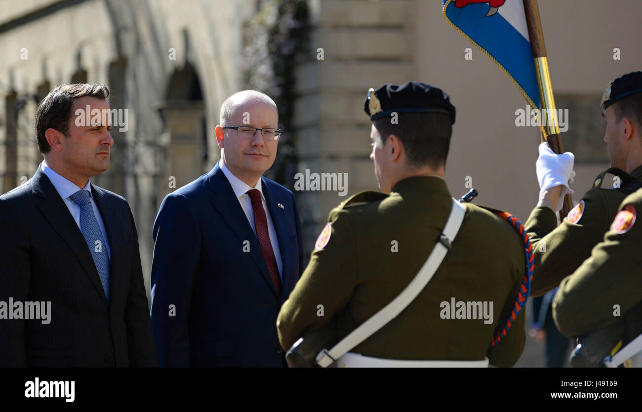 Luxembourg Prime Minister Xavier Bettel, left, welcomes his Czech ...