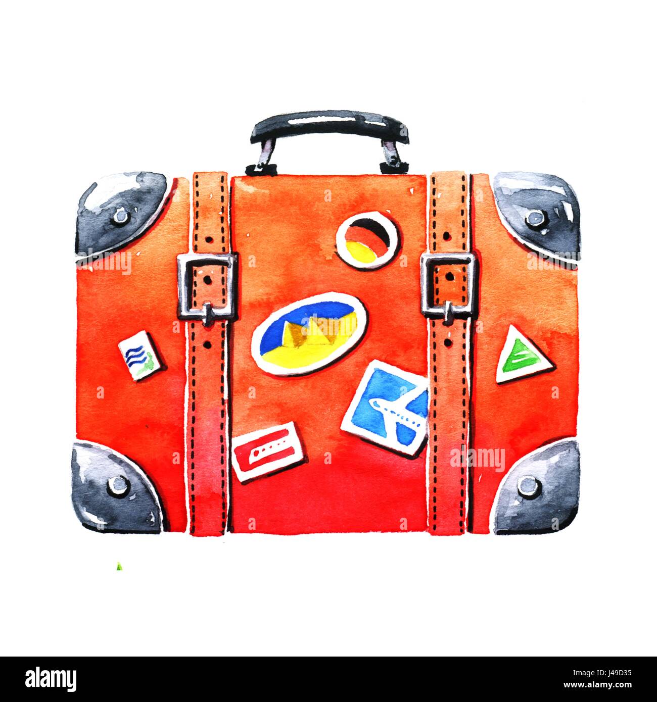 Red tourist suitcase. Hand-drawn watercolor image on white background ...